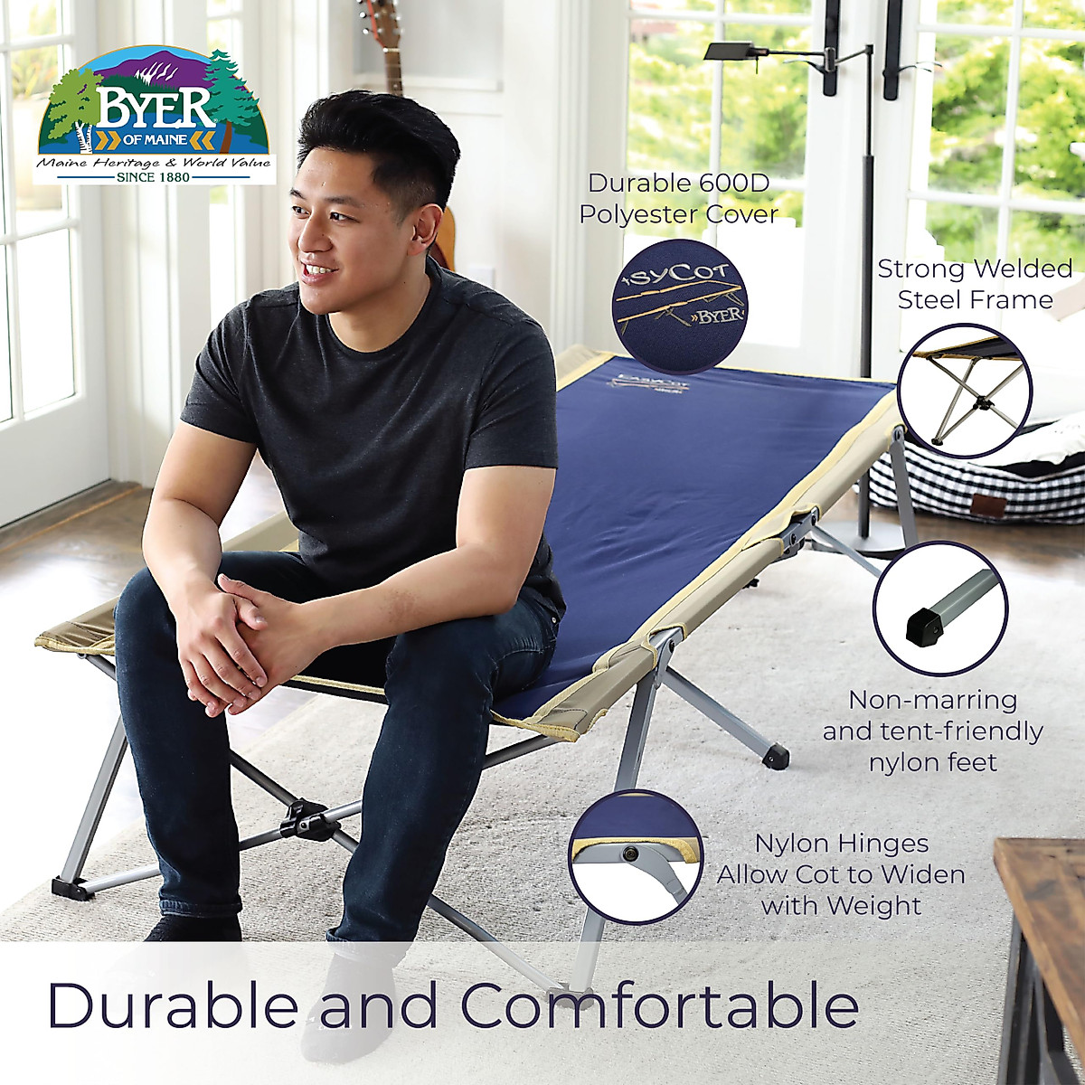 BYER OF MAINE Easy Cot - Extra Large Folding Cot - Heavy Duty Cot for Indoor and Outdoor Use - Cot Bed for Adults - 78”L X 31”W X 18”H - 330 lb Capacity