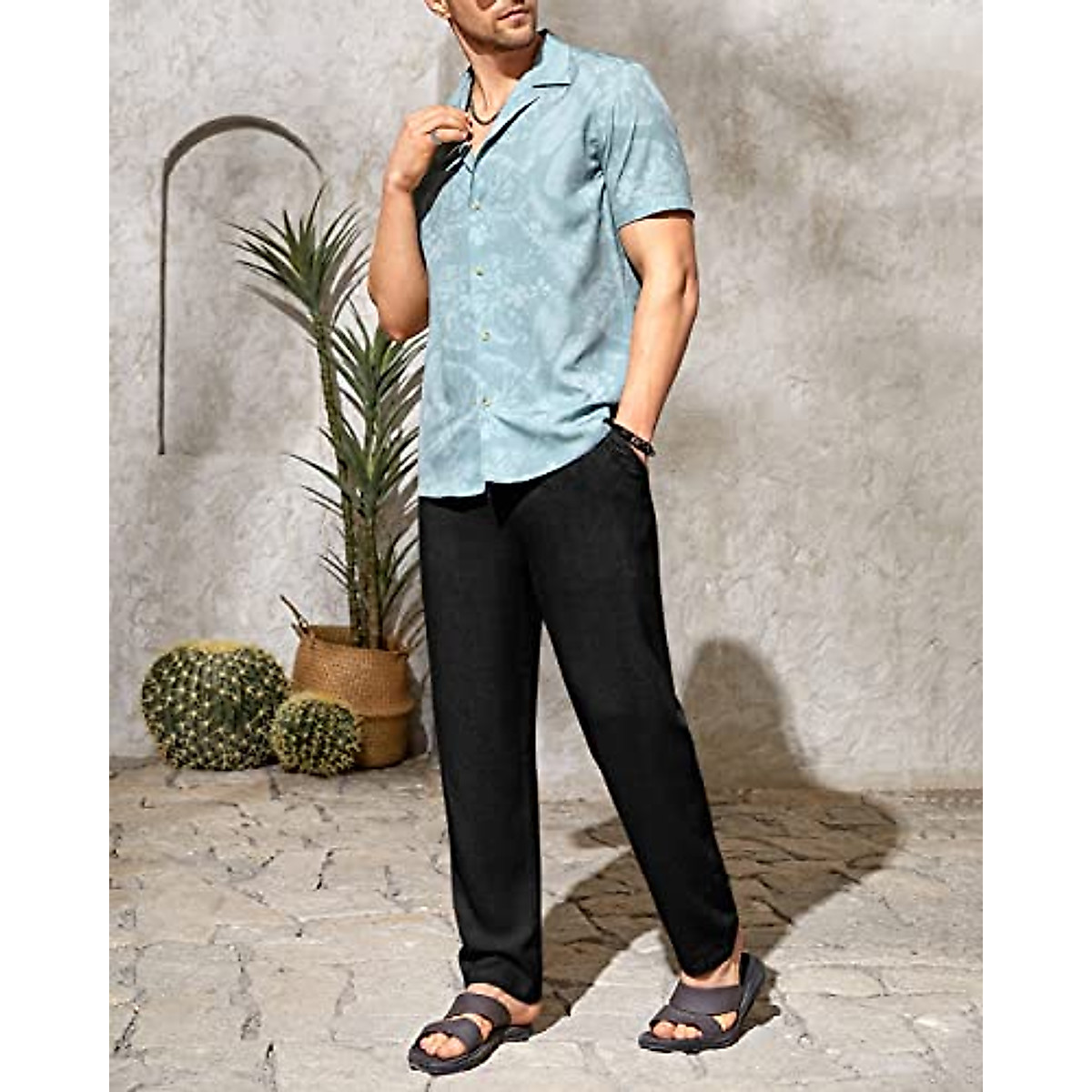 Mens Drawstring Linen Pants Relaxed Fit Elastic Waist Casual Pants Lightweight Yoga Beach Trousers Black