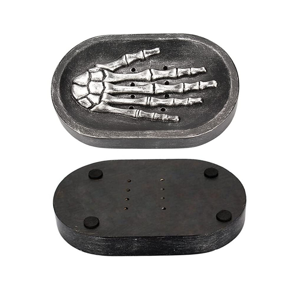 Resin Skeleton Handbone Soap Dish Holder, Water Draining Soap Tray for Bathroom Countertop Shower, Halloween Ghost Skull Hand Soap Rack Organizer (Black)