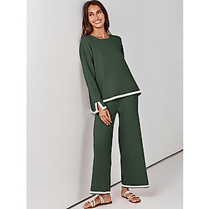 ANRABESS Women's Two Piece Outfits Long Sleeve Knit Pullover Sweater Tops & Wide leg Pants Casual Lounge Matching Sweatsuit Tracksuits Sets Army Green Large