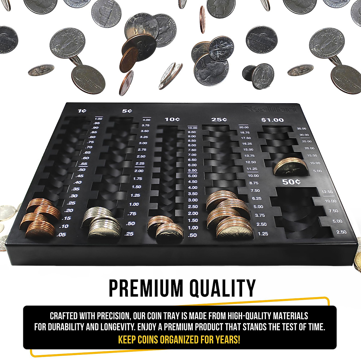 Kolibri Coin Sorting Tray – Bank Teller Change Counter Coin Counting and Sorting Tray with 6 Compartments for Assorted U.S. Coins – Black - Ideal for Bank, Business or Home Use