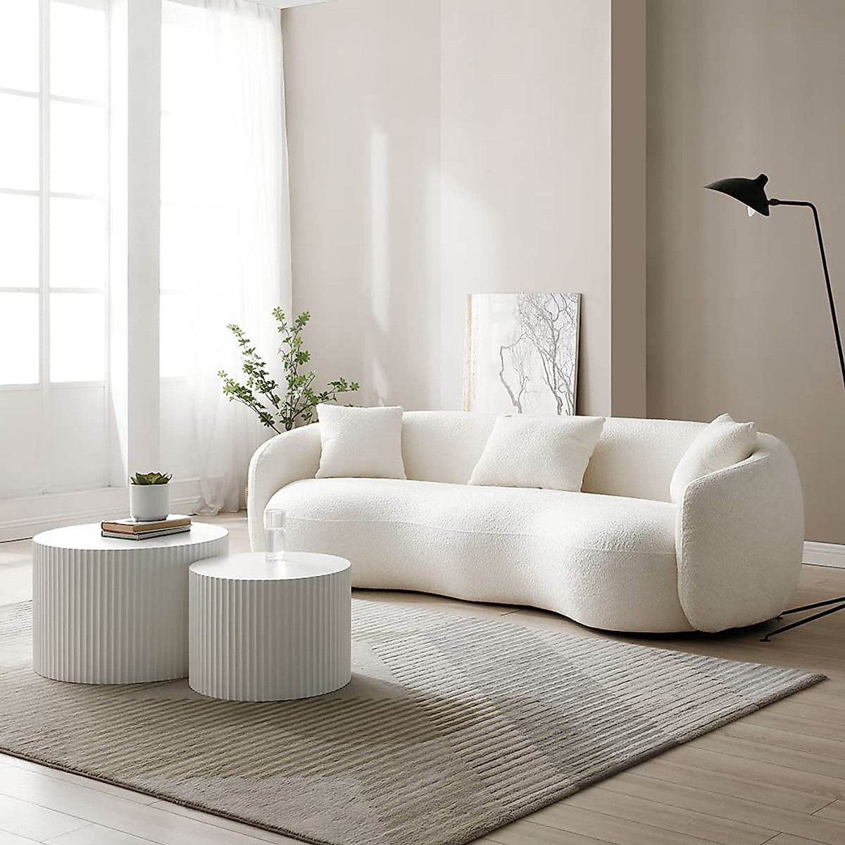 JURMALYN Curved Sofa Couch for Living Room, Round Sofa Circle Couch, 3 Seater Cream Sectional Sofa Boucle Luxury Couches for Apartment Tufted Sofa with 3Pillows (94.5'' -Beige)