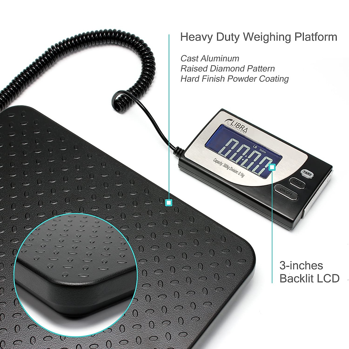 660 lb (300 kg) Digital Heavy Duty Postal Shipping Scale, Cast Aluminum Pan, Backlit LCD, AC Adapter, Multi Weight Unit, Capacity: Max 300 kg (660 lb), Min 0.5 kg (1.1 lb), Division 0.1 kg / 0.1 lb