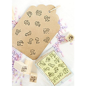 Youkwer 12 Pcs Mini Cute Wooden Rubber Stamps Set For Letters,Diary Craft,Scrapbooking in Matchbox（Vintage Lovely Cat）