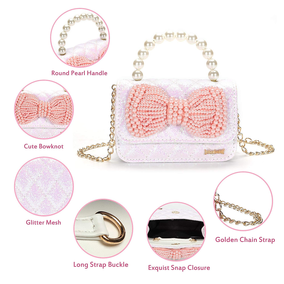 Gifts for Little Girls Cute Toddler Purse Kids Baby Sparkly Bow Handbags Small Crossbody Shoulder Bags Toys Presents (White)