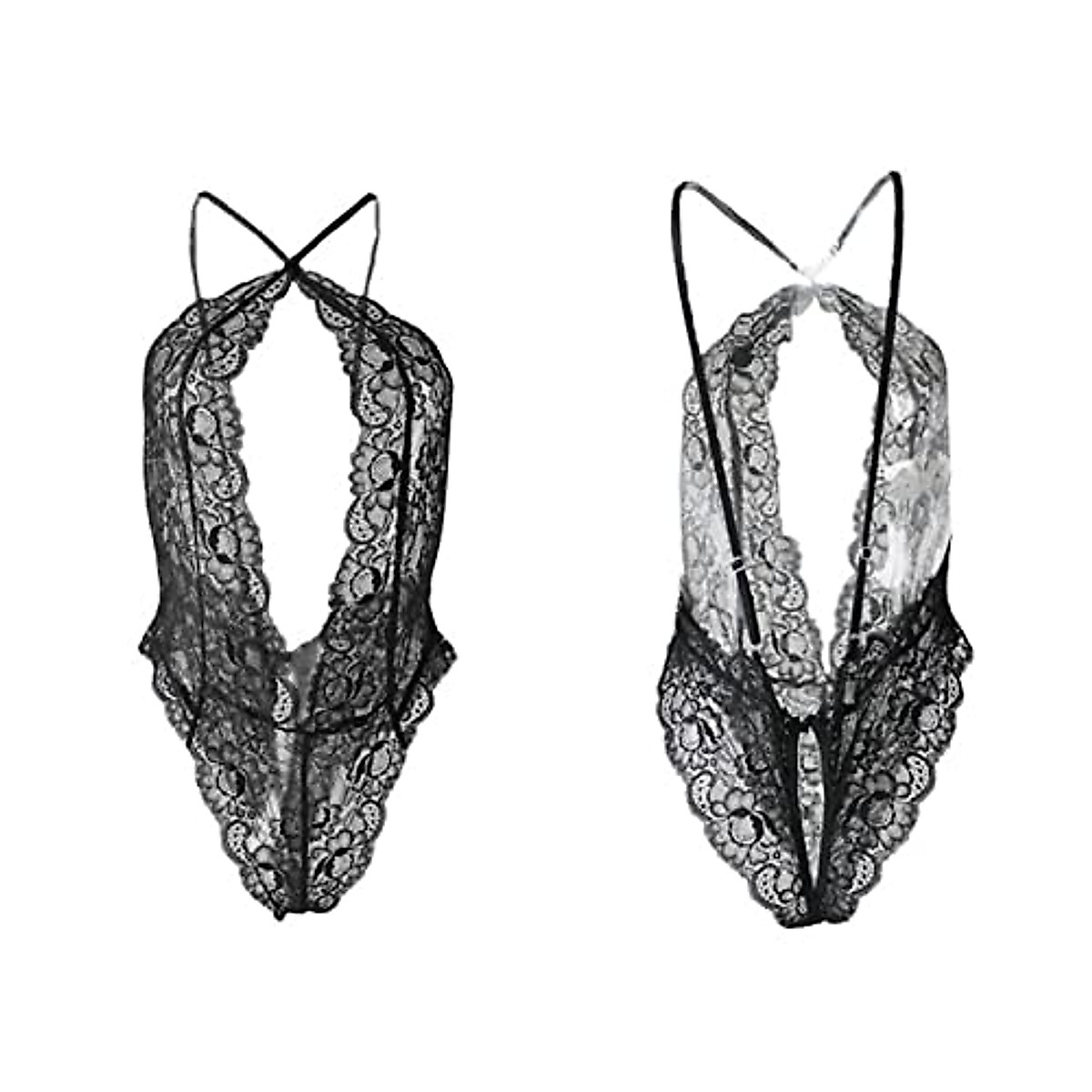 Maiyifu-GJ Womens Deep V Floral Lace Bodysuit One Piece Sexy Halter Babydoll Negligee See Through Backless Teddy Lingerie (Black,3X-Large)