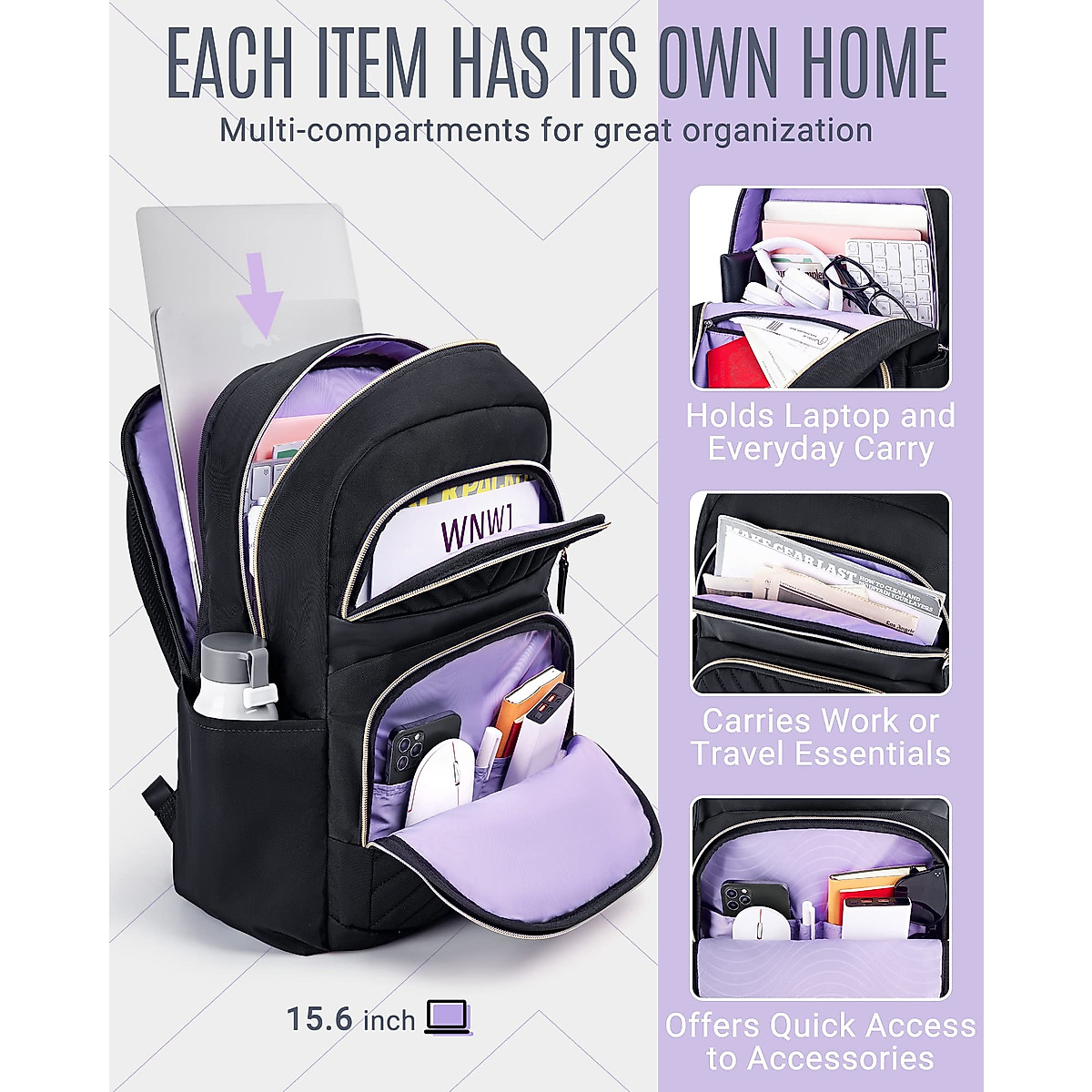 LIGHT FLIGHT Laptop Backpack for Women, Work Backpack Fits 15.6 Inch Computer Bookbags Back Pack with Charging Port Hole for Travel Work Business School College, Black