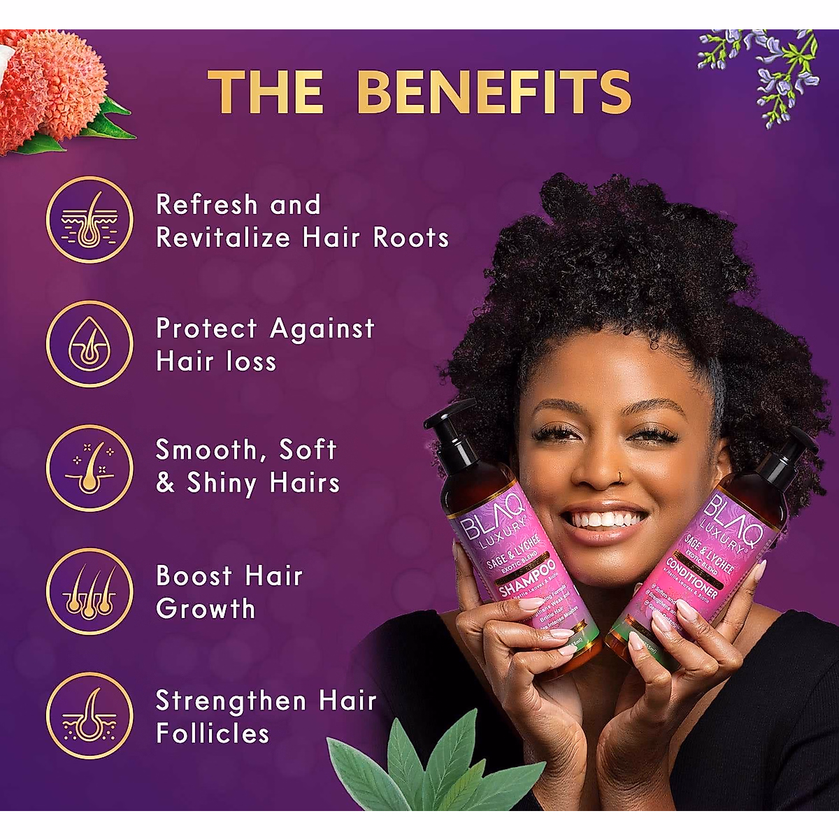 Blaq Luxury Sage & Lychee Repair and Strengthen Shampoo - Infused with Biotin and Nettle - Sulfate-Free Formula for All Hair Types - Promotes Hair Repair, Growth, and Scalp Health - 12 fl oz