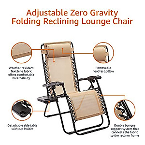 Amazon Basics Zero Gravity Chair with Side Table, Set of 2, Relaxing, Cup Holders,Arm Rest,Foldable, Alloy Steel, Beige