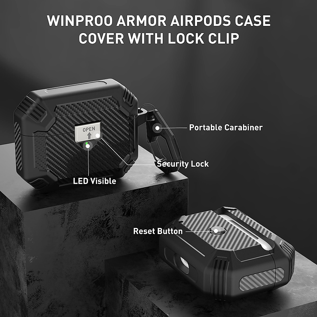 Winproo Armor Airpods Pro Case Cover with Lock Clip, Military Hard Shell Full-Body Shockproof Protective Case Skin with Keychain for Airpods Pro (Black)