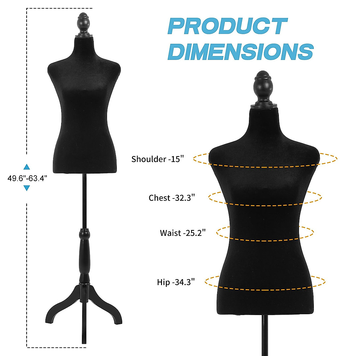 BLKMTY Female Mannequin Torso Dress Form Sewing Mannequin Manikin Body Height Adjustable Clothing Dress Model w/ Tripod Base Stand for Sewing Dressmakers Dress Jewelry Display 49-63 Inch, Black