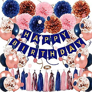 Navy Rose Gold Blue Birthday Party Decorations Set with Happy Birthday banner, Tissue Paper Pom, Circle Dots Garland and Tassel Garland for for Women Grils Navy Rose Gold Birthday Party