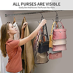 PODATOL Purse Hanger for Closet, Rotatable Purses Organizer, 6 Storage Capacity Hanging Bag Holder, Closet Rod Hooks for Hanging Bags, Purses, Handbags, Belts, Scarves, Hats(Black)