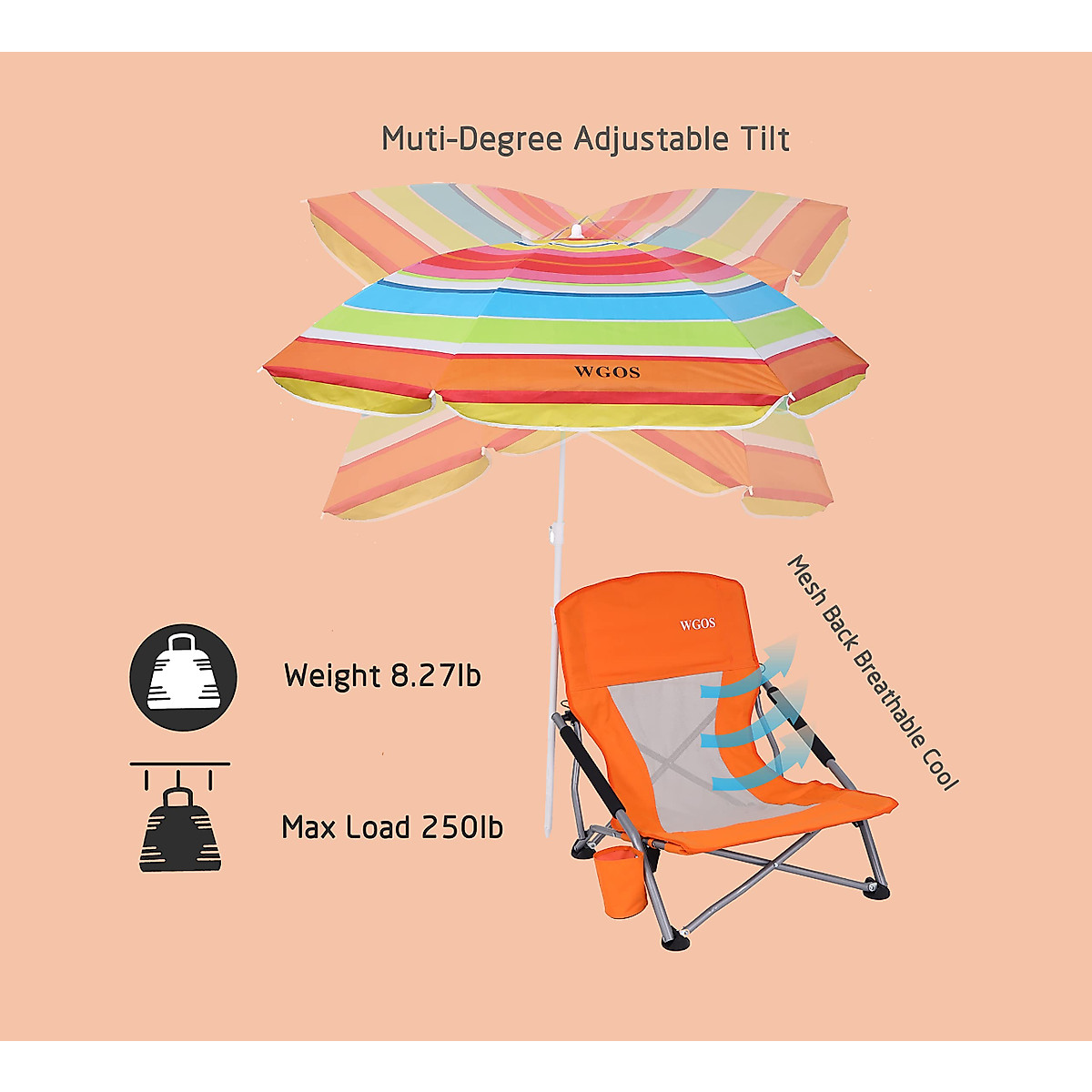 Folding Camping Table Adjustable Card Table 24'' x 16'' (L x W) + Beach Chair with Umbrella for Adults 1-Pack Orange