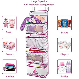 Boczif Over Door Hanging Organizer, Wall Mount Storage with 4 Large Pocket and Mesh Clear Window, Closet Door Organizer for Children's Rooms,Nursery, Bedroom, Kids Toys, Shoes, Diapers(1-Pink)