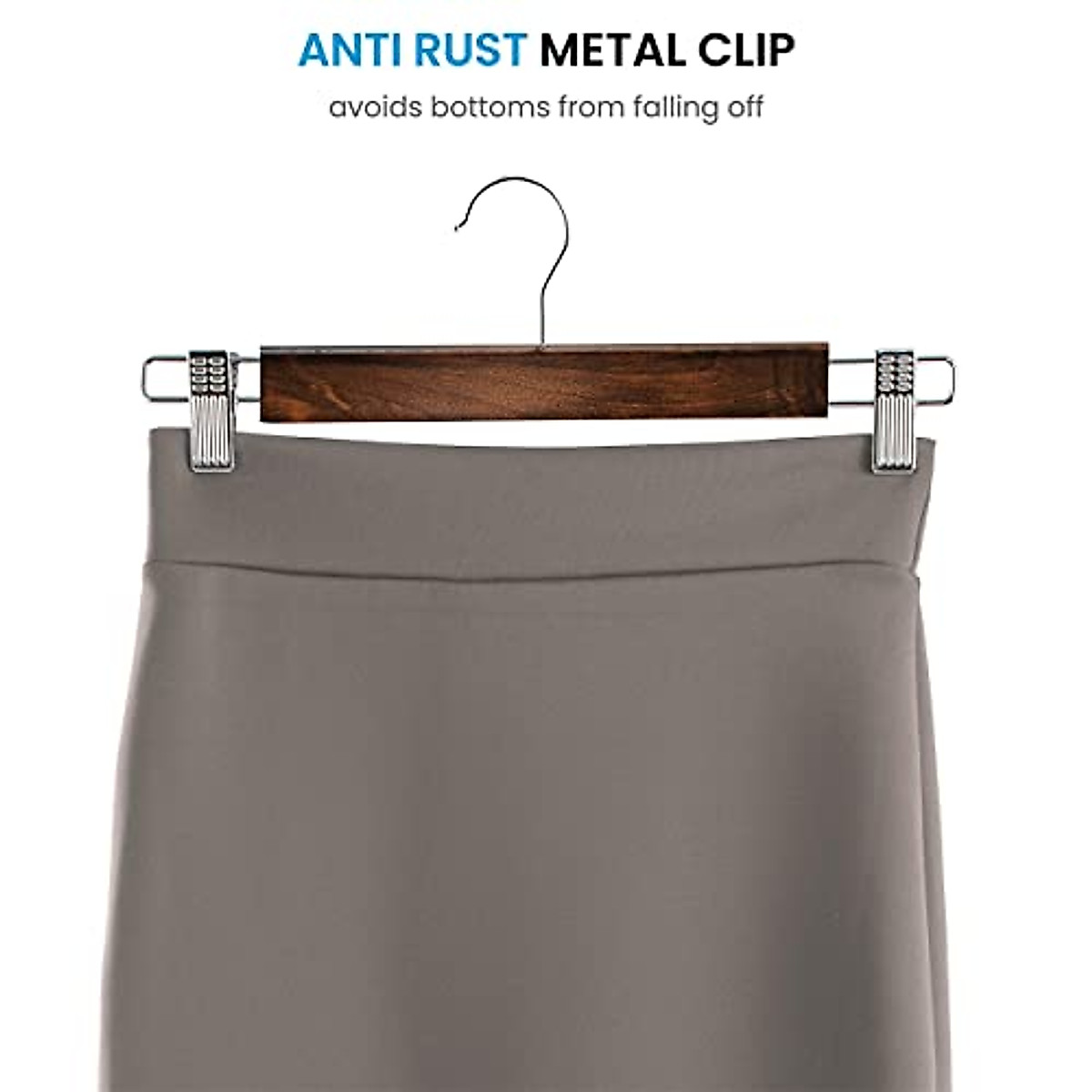 High-Grade Wooden Pants Hangers with Metal Clips Grip Clip Pants Hanger, Smooth Finish Solid Wood Jeans/Skirt Hanger, 360° Swivel Hook - Clip Hanger for Pant, Skirts, Slacks - 10 Pack, Vintage Wood