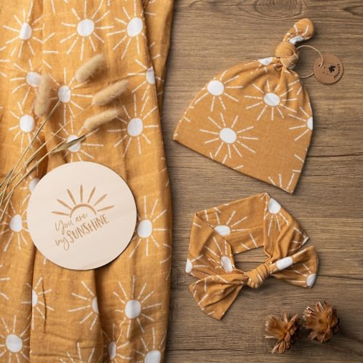 Miaoberry 100% Organic Cotton Baby Muslin Swaddle Blanket Set| Golden Boho Sunshine| Gender Neutral for Boys Girls|Yellow Mustard Orange Sunshine| Hospital Newborn Receiving Blanket |Newborn Unisex