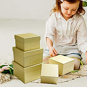 PAPER FAIR 5PCS Bright Gold Glitter Nesting Gift Boxes Set, Flat Square Cardboard Storage Organizer Keepsake Box with Lid Durable Reusable, for Gift Wrapping Holiday Present Christmas Birthday, Assorted Size