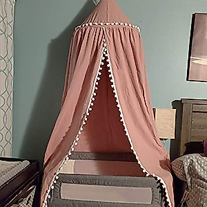LOAOL Kids Bed Canopy with Pom Pom Cotton Canopy for Crib Baby Girl Netting Cover Canopy Crib Curtain Reading Nook Hanging Tent Nursery Play Game Castle House Decoration (Pink Pompom)