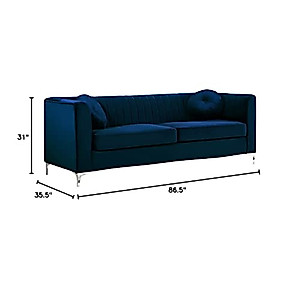 Meridian Furniture Isabelle Collection Modern | Contemporary Channel Tufted, Velvet Upholstered Sofa with Custom Chrome Legs, Navy, 86.5" W x 35.5" D x 31" H