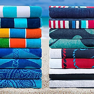 SUPERIOR 100% Egyptian Cotton, 450 GSM, Yacht Club Oversized Beach Towel (Set of 2) 34”x 64”, 2-Ply, High Absorbency Nautical Striped Anchor Pattern