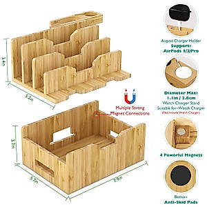 Bamboo Charging Station for Multiple Devices with Integrated Watch & Earbuds Stand, Desktop Charging Docking Station Organizer for Cell Phone, Tablet, 5 Charging Cables Included（No Power Supply）
