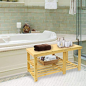 KKTONER Bamboo Shoe Rack Bench 3 Tier Entryway Shoe Storage Organizer Shelf Bamboo Bench with Shelves for Bedroom Living Room Kitchen Hallway(Natural Bamboo)