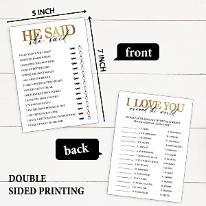 60 Pcs Gold Bridal Shower Game for Guest, Wedding Engagement Party Supplies, Included 4 Games - I Love You around World, He Said She Said, Wedding Shoe Game, Wedding A-Z, Double-sided