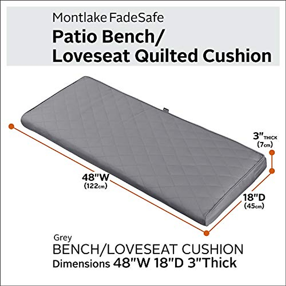 Classic Accessories Montlake Water-Resistant 48 x 18 x 3 Inch Outdoor Quilted Bench Cushion, Patio Furniture Swing Cushion, Grey, Patio Loveseat Cushion