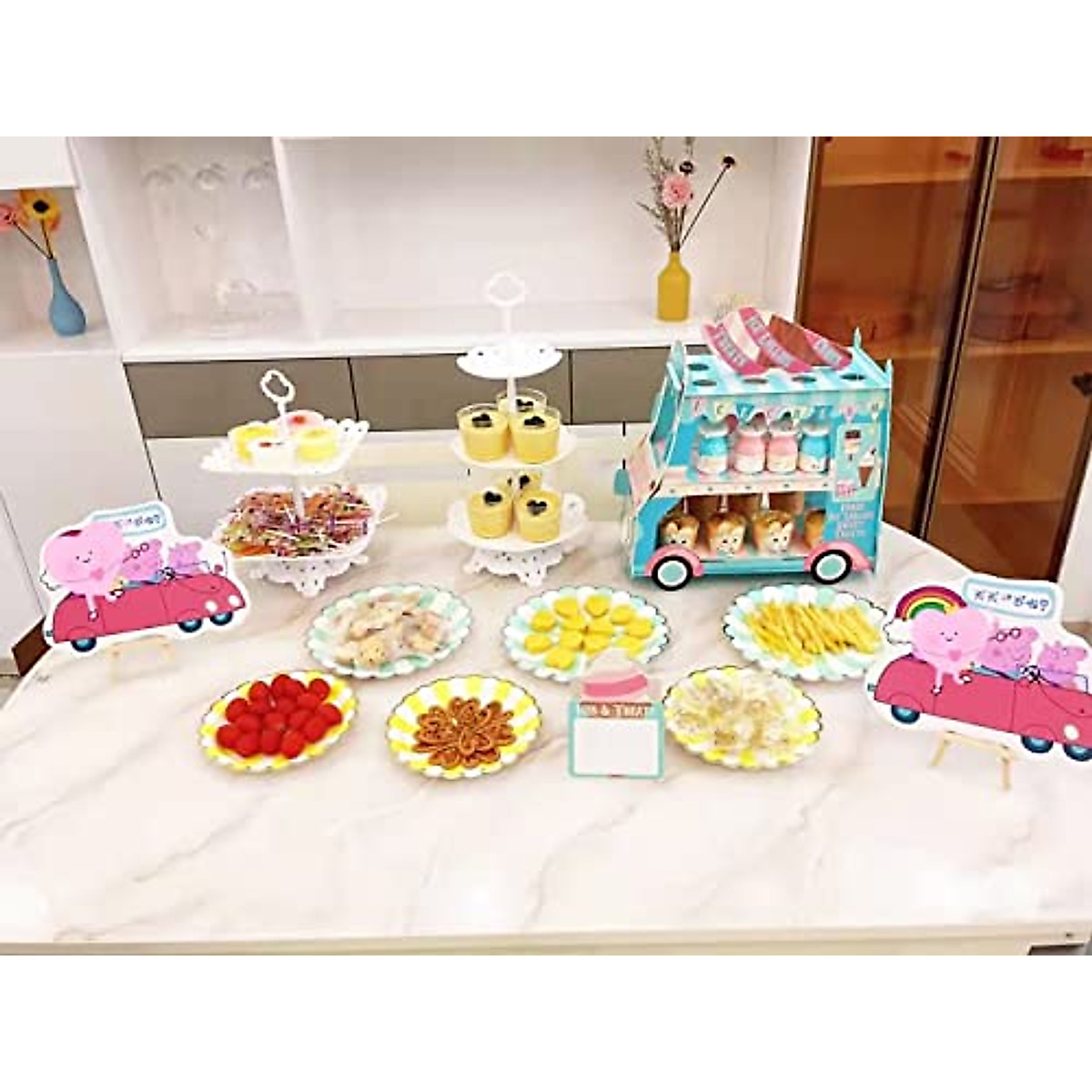 Pobbaami 3 Tier Cupcake Stand Ice Cream Truck Van Cake Stand Display Decor Cars Cupcake Stand Paper Holder for Theme Birthday Party Cart Table Centerpiece Decorations Kids Baby Shower Favors Supplies
