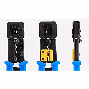 EMS RJ45 Crimp Tool Kit, With 50 Cat6 Pass Through Connectors and 50 Clear Cable Strain Relief Boots + Extra blades - EZ Cut, Strip, Crimp Ethernet Cables