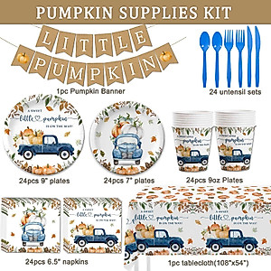 Yuzioey 177pcs Pumpkin Baby Shower Decorations, A Little Pumpkin is On The Way, Fall Pumpkin Disposable Dinnerware (Serve 25 Guests)with Paper Plates Cups Napkins, Banner Tablecloth