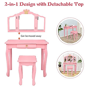 VALUE BOX Kids Vanity Table and Chair Set, 2 in 1 Princess Makeup Dressing Table with Drawer & Tri-Folding Mirror, Child Pretend Beauty Play Vanity Set for Girls
