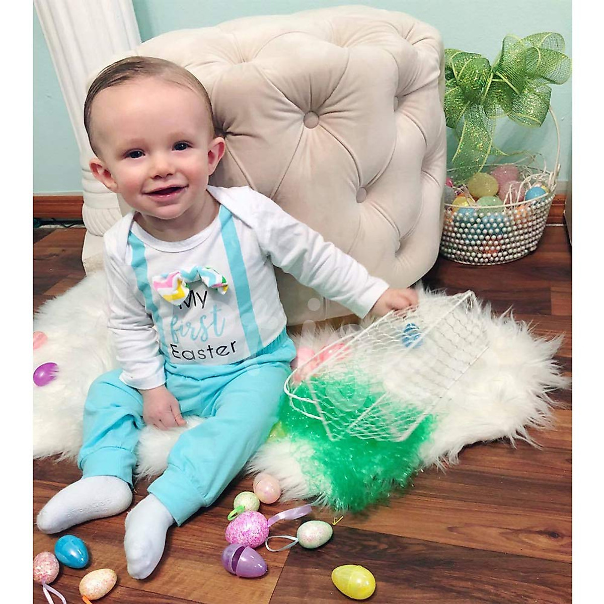 Detigee Baby Boys My First Easter Outfit Toddler 1st Easter Day Bodysuit (Blue,6-12 Months)