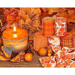 Whaline 6 Rolls Fall Thanksgiving Burlap Ribbon 30 Yard Orange Plaid Autumn Harvest Ribbon Pumpkin Fall Leaves Wired Edge Wrapping Ribbon Rustic Craft Ribbon for Wreath Floral Bows Craft Decor, 2.5In