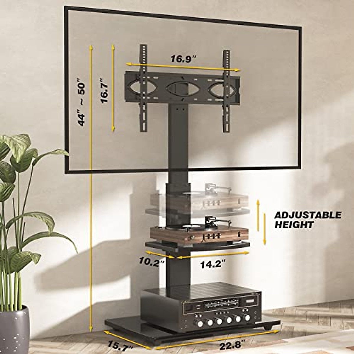 5Rcom TV Stand with Mount, Height Adjustable TV Floor Stand with Shelves for 32 37 43 50 55 60 65 70 inch Plasma LCD LED Flat or Curved Screen TVs, TV Stand for Bedroom, Living Room