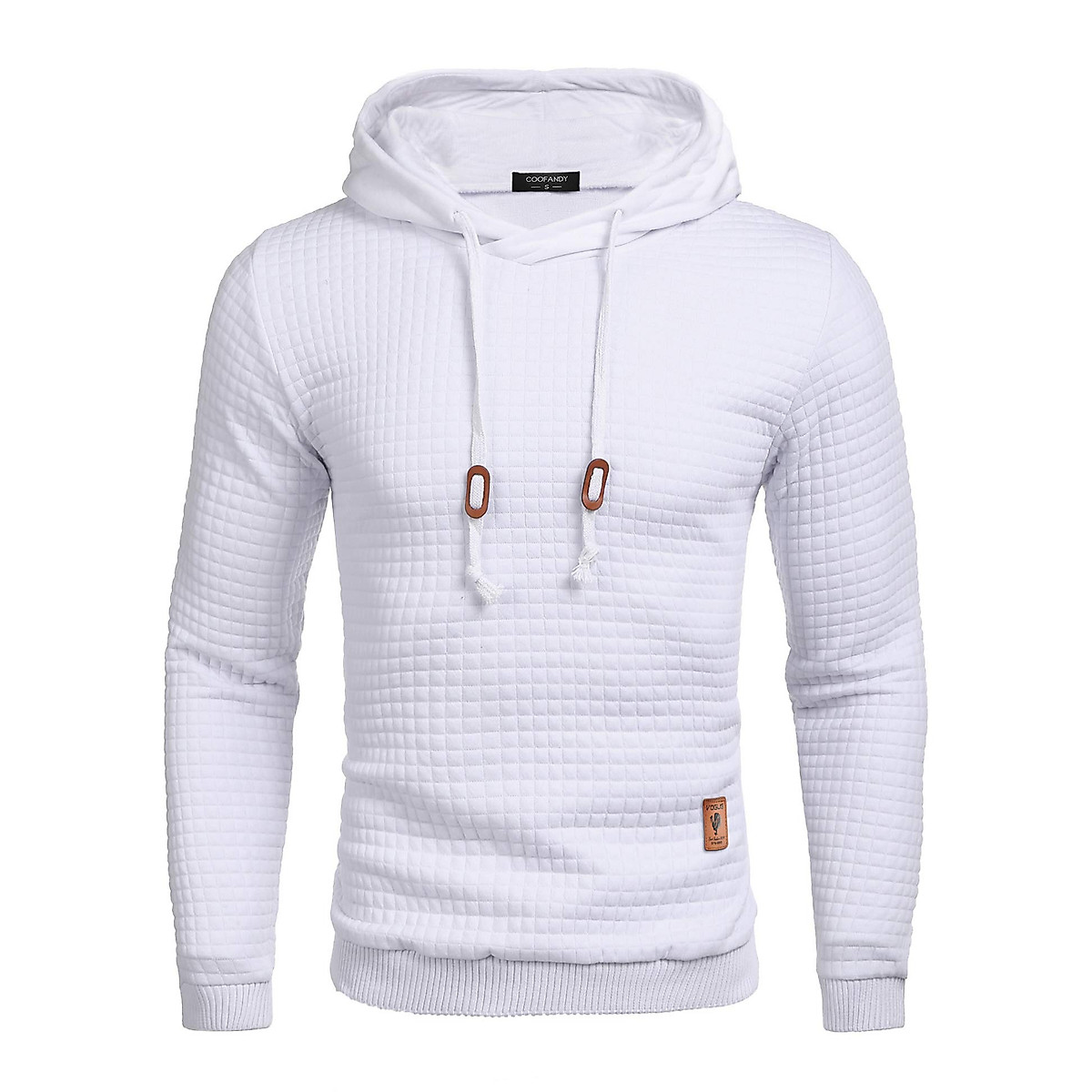 COOFANDY Mens Long Sleeve Drawstring Plaid Jacquard Hooded Sweatshirt, White, Large