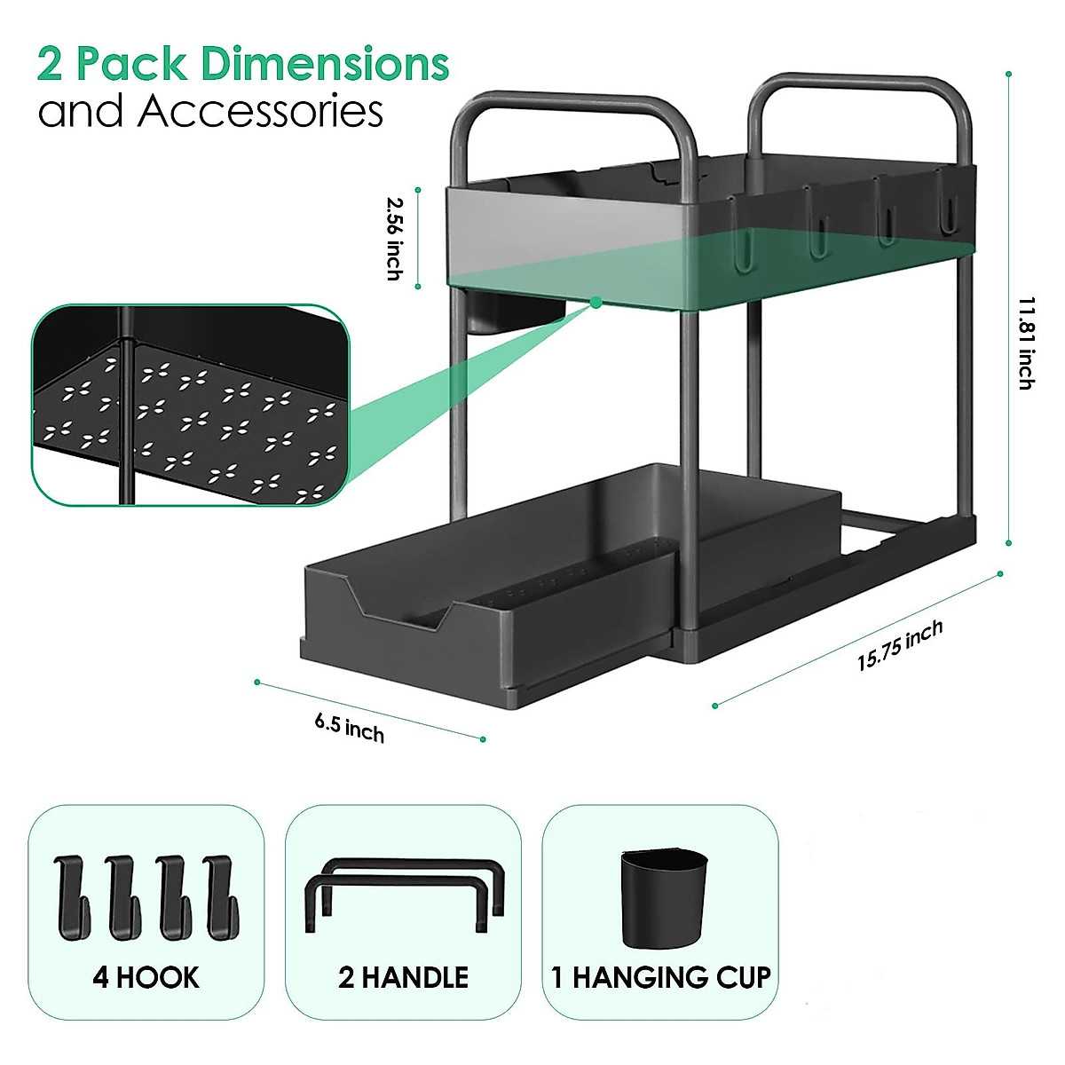 2 Tier Under Sink Organizers and Storage, 2 Pack Sliding Under Bathroom Cabinet Storage Drawer Organizer with Storage Drawer with 8 Hooks and 2 Hanging Cups, Multi-purpose Under Sink Organizer, Black