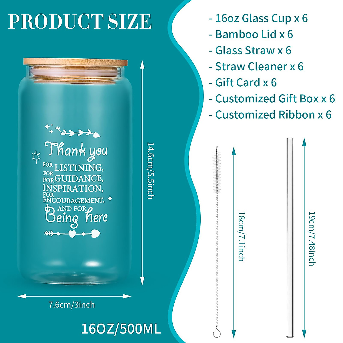 6 Set Employee Appreciation Presents Bulk, Personalized Inspirational Thank You Presents for Staff Coworker 16oz Can Shaped Beer Glass Cups with Lids and Straws, Box and Card for Team Women Men