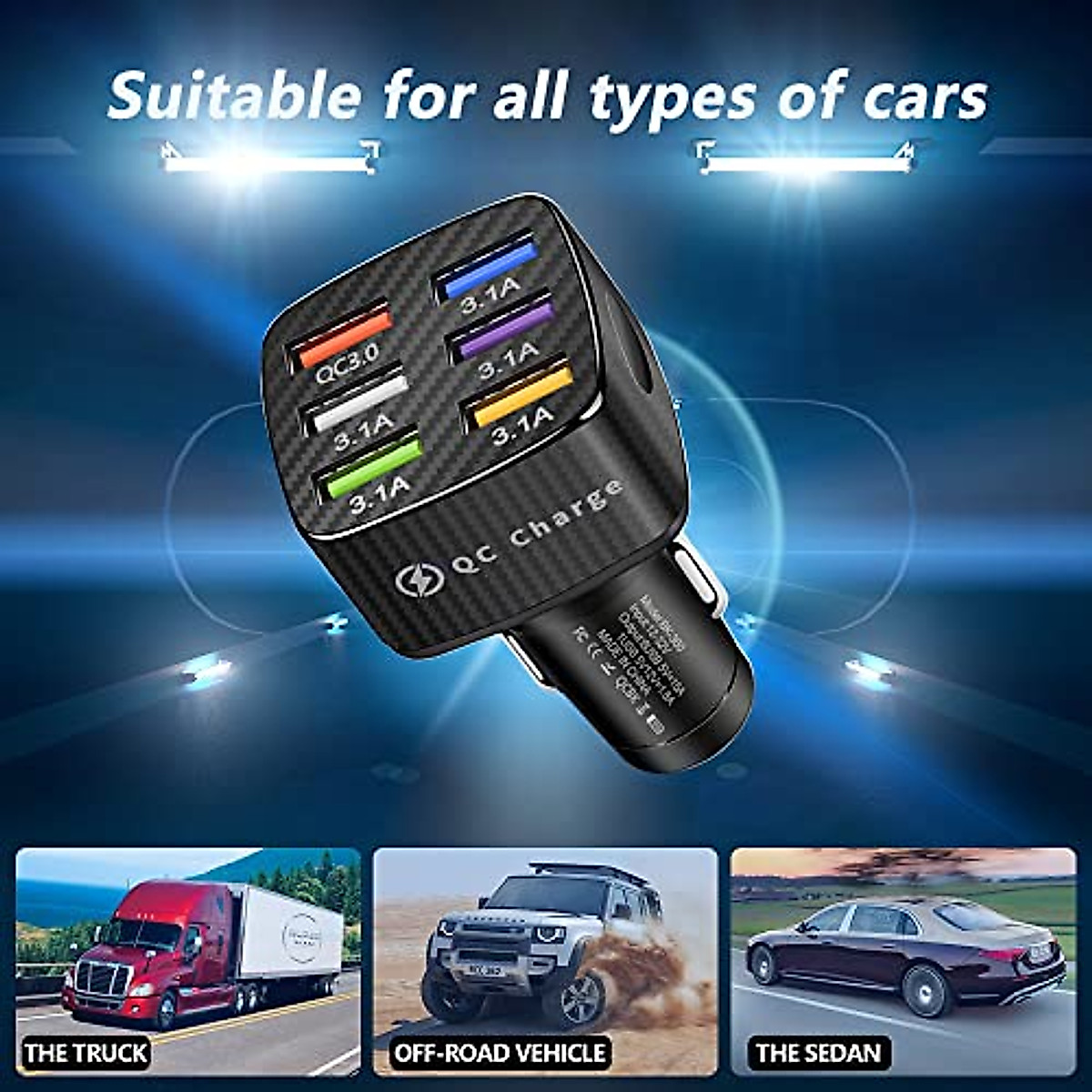 Car Charger Adapter,6 Ports USB QC3.0 Fast Car Charger QC3.0/3.1A,32V Upgraded Smart Shunt Car Phone Charger Compatible iPhone 14 13 12 Pro Max/All Smart Phones (Black)
