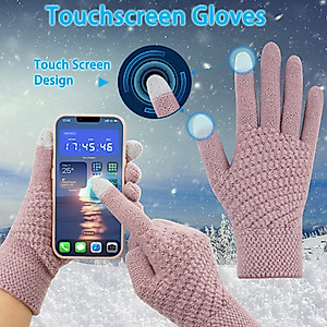 Double Couple 3pcs Winter Beanie Hat Scarf and Touch Screen Gloves Set for Women Knit Hat with Faux Fur Ball Scarves Glove Pink