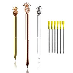PASISIBICK Pineapple Pens,Bling Stainless Steel Retractable Metal Ballpoint Pens for Office Supplies, Black Ink(3 PCS)