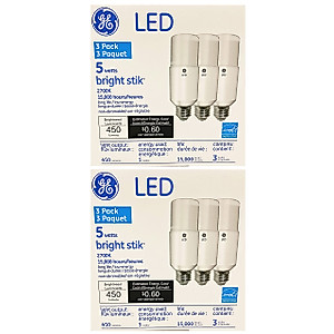 (6 bulbs) GE 66256 - bright stik LED Tubular Light Bulb 5 watt 450 lumen 2700K LED