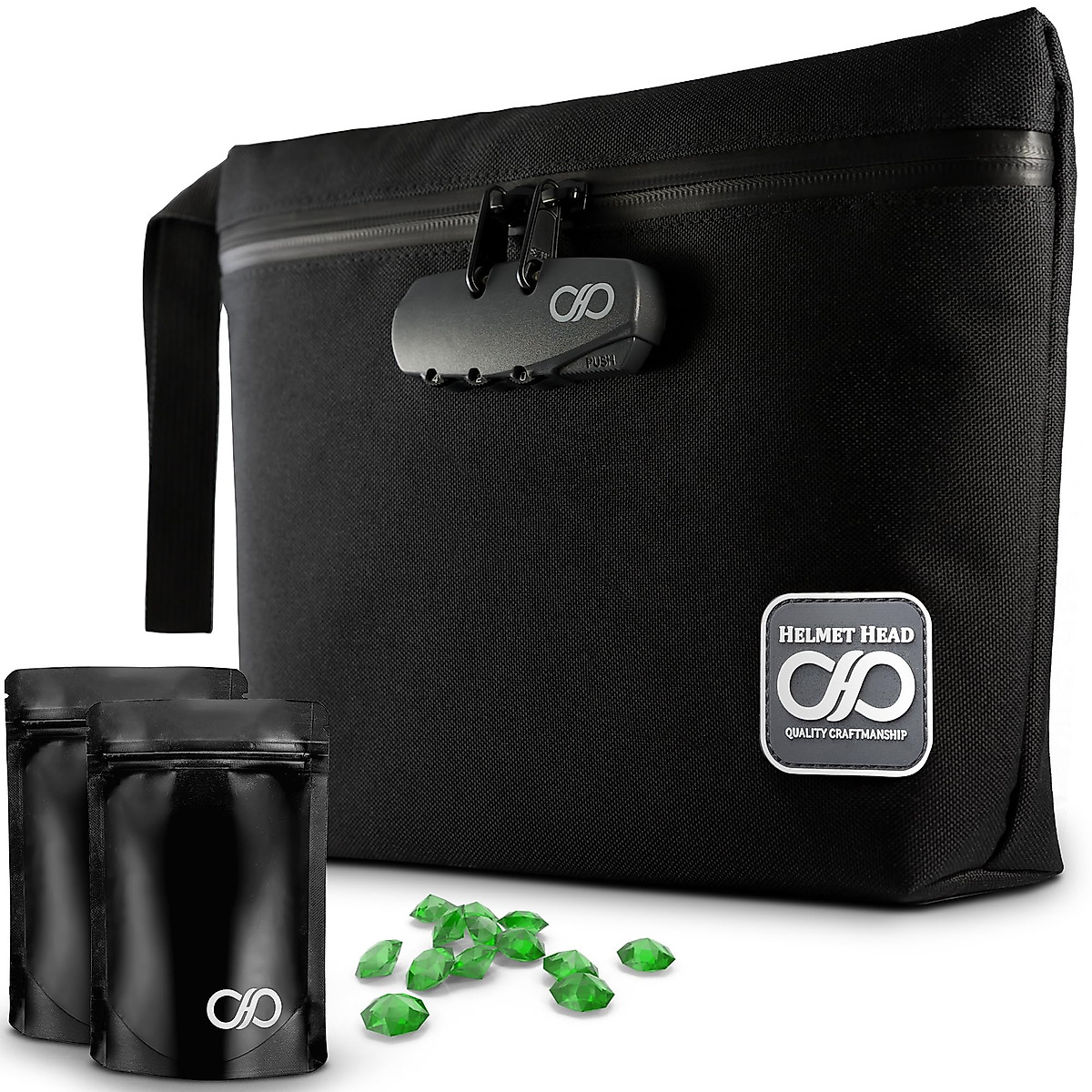 HELMET HEAD Smell Proof Bag with Combination Lock, Durable Water Repellent Odorless Stash Bag Comes With Mylar Bags and Inside Pouches For Your Herbs and Smelly Accessories (Black)