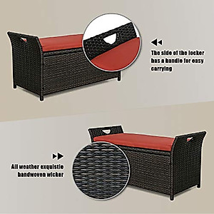 PEAK HOME FURNISHINGS Patio Wicker Storage Box, Outdoor Rattan Storage Bench Deck Bin with Cushion (Red)