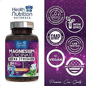 Magnesium Glycinate 250 mg - Natural, High Absorption Magnesium Tablets Chelated for Muscle, Nerve, Bone & Heart Health Support - Gentle Form, Non-GMO, Gluten Free, Vegan Supplement - 120 Tablets