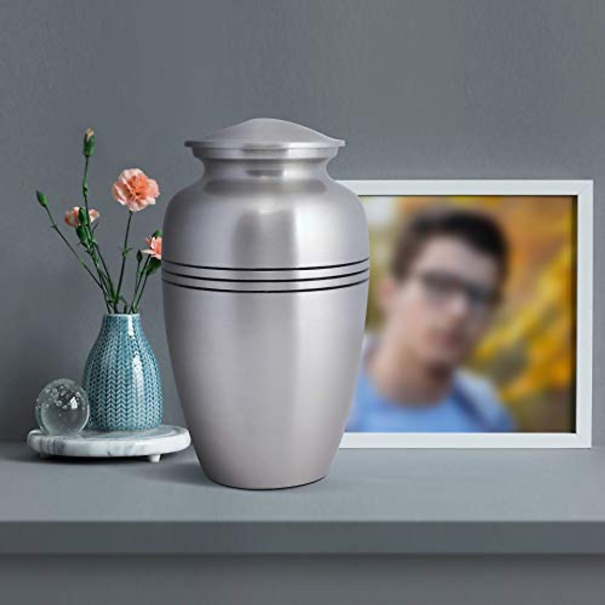Pewter Large Urn for Human Ashes - A Beautiful and Humble Urn for Your Loved Ones Remains. This Lovely - Urn Will Bring You Comfort Each Time You See It, Size 10x6.75 inch-Silver with 3 Lines