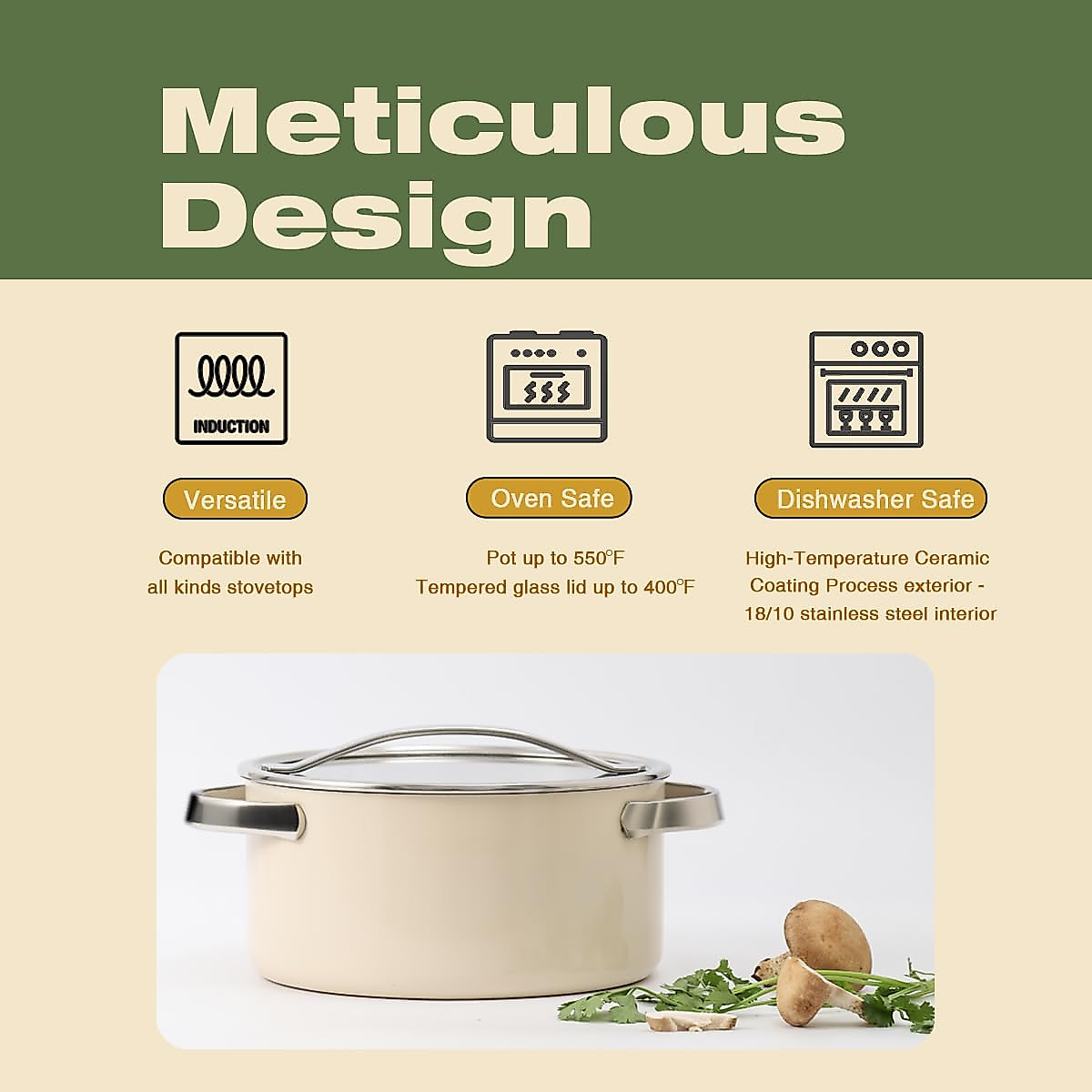 Cyrder Dutch Oven Pot with Lid - Non Toxic, PTFE & PFOA Free - 5-Ply 18/10 Stainless Steel - Oven Safe & Stovetop Agnostic - 5.5 qt 9.5" Cream