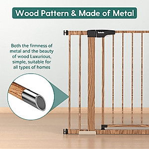 Babelio Metal Baby Gate with Wood Pattern, 29-43" Easy Install Pressure Mounted Dog Gate, No Drilling, No Tools Required, Ideal for Stairs and Doorways, with Wall Protectors and Extenders