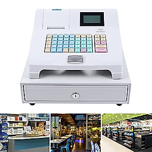 SHIOUCY Cash Register - Electronic POS System with 4 Bill 5 Coin,Removable Tray and Thermal Printer,48-Keys 8-Digital LED Display Multifunction for Small Businesses, White A